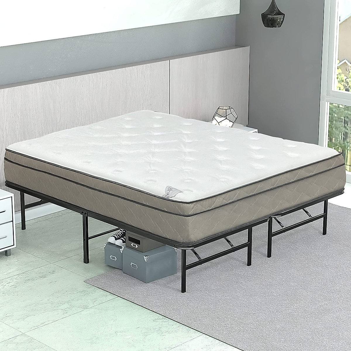 Mayton Queen 12 Inch Breathable Ultra Plush Hybrid Mattress Pain and Pressure Relieving Extra Soft EuroTop & Black 14" Metal Platform Bed Frame, Mink