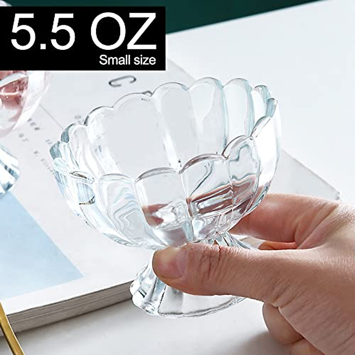 Sunximei 4 PCS 5.5oz Dessert Bowls (Small Size) Footed Glass Cups with spoons for Dessert,Yogurt,Ice Cream,Cocktail,Trifle,Pudding,Christmas Holiday Party