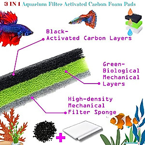3IN1 Aquarium Filter Sponge Foam Pads - Filter Media For 20 Gallon Betta Fish Tank Supplies, Brine Shrimp Coarse Sponge Bio Filter Sheet - Filter Sponge Accessories (Plus Activated Carbon)