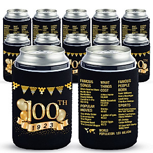 Yangmics 100th Birthday Can Cooler Sleeves Pack of 12-1923 Sign - 100th Anniversary Decorations - Dirty 100th Birthday Party Supplies - Black and Gold Seventieth Birthday Cup Coolers