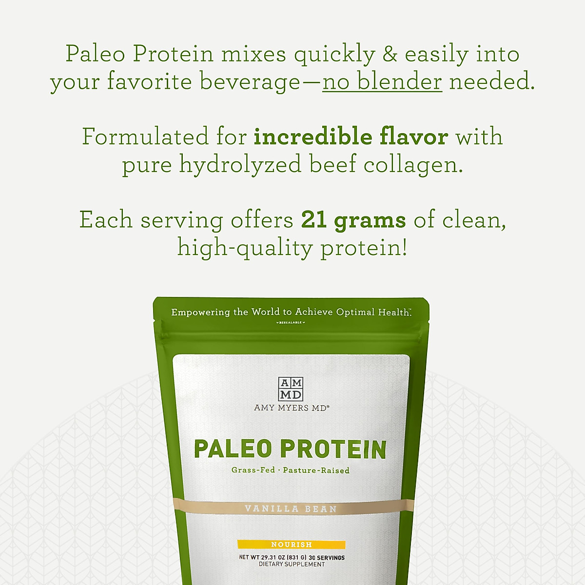 Amy Myers MD Pure Paleo Protein Powder - Clean Grass Fed Pasture Raised Protein - Hormone Free, Non-GMO, Gluten & Dairy Free - Perfect for Keto and Paleo - Vanilla Bean- 29.31 oz (831 g)