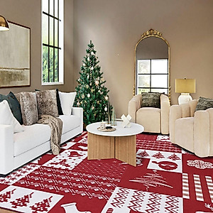 Syalife 9x12 Christmas Rug for Living Room, Bedroom, Dining Room, Large Red/White Area Rug, Indoor Festival Machine Washable Rugs, 9'x12', Patchwork Pattern