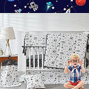 Brandream Space Crib Sheets for Baby Boys Toddler Fitted Sheet 100% Cotton Milky Way Spaceship Rocket Galaxy Print Nursery Bed Sheet Set