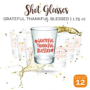 Grateful, Thankful,Blessed Thanksgiving Shot Glasses - Set of 12 Glass Turkey Day Holiday Drinkware - Fall Decor Drink Accessories with Double-Sided Prints - Novelty Home & Friends Giving