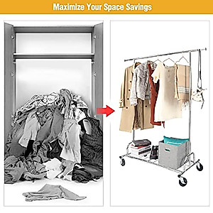 ALBOMI Adjustable Commercial Clothes Rack Heavy Duty On Lockable Wheels, Large Portable Clothing Rack For Hanging Clothes, Rolling Garment Racks With 1 Rod & Shelf For Entryway Bedroom Balcony