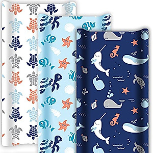 GROW WILD Changing Pad Cover 3 Pack | Soft & Stretchy Jersey Cotton | Baby Changing Table Pad Cover | Diaper Changing Pad Covers for Girls or Boys | Wipeable Sheets | White Blue Turtle Whale Ocean