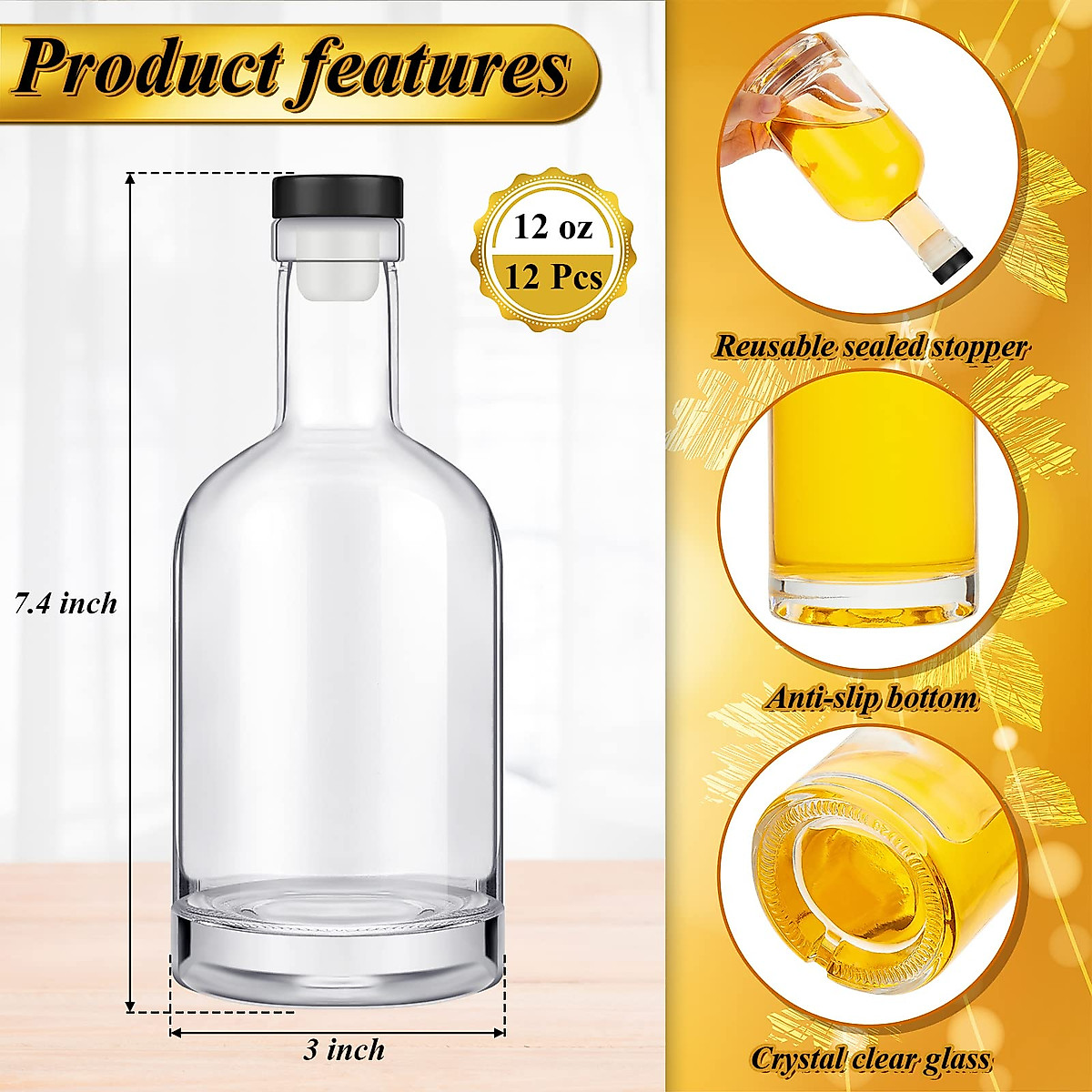 12 Pcs Clear Wine Bottles 12 oz Glass Liquor Bottles with T-top Caps Heavy Bottom Hot Sauce Bottles Home Brewing Glass Bottle Airtight Crew Bottle for Kombucha Beverages Juice Oils Drinks (Black)