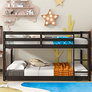 Anwick Twin Over Twin Low Bunk Bed with Stairs and Rails, Wooden Bunk Beds Frame with Safety Guardrail and Slats for Toddlers, Kids, Teens, Boys, Girls, Noise-Free (White) (Black)