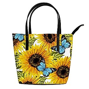 Shoulder Bag Tote Bags for Women Sunflowers Blue Butterflies Leather Shopper Work Handbags Large Casual Bag