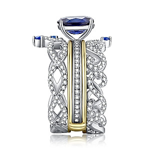 JewelryPalace Infinity Knot 1.8ct Blue Sapphire Solitaire Engagement Rings Women, Vintage 925 Sterling Silver 14K Yellow Gold Promise Ring Her, Wave Crown Wedding Band Enhancer Ring Bridal Set 7