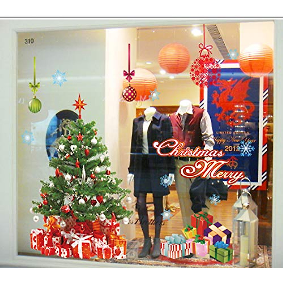 LONGTEN Christmas Windows Static Stickers Clings Santa Claus Snowman Deer Snowflake Removable Vinyl Christmas Tree DIY Wall Window Door Mural Decal Sticker for Showcase