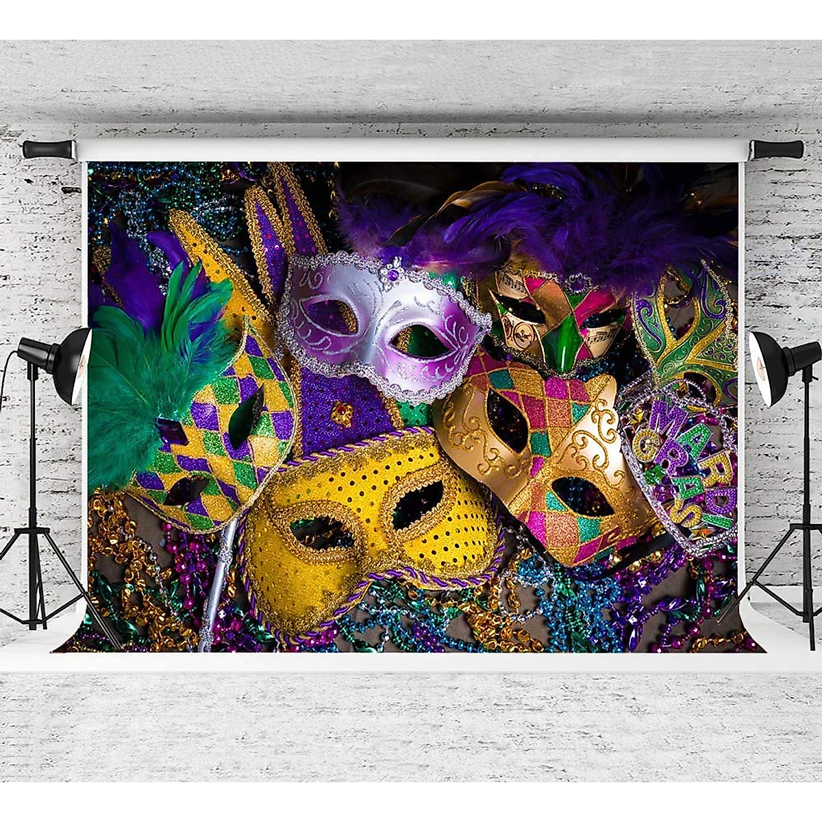 Masquerade Backdrops Purple Gold Glitter Beads Mask Carnival Photography Backdrop Vinyl 5x3ft Fiesta Mardi Gras Dance Photo Background Birthday Party Photo Booths Props Decorations Supplies