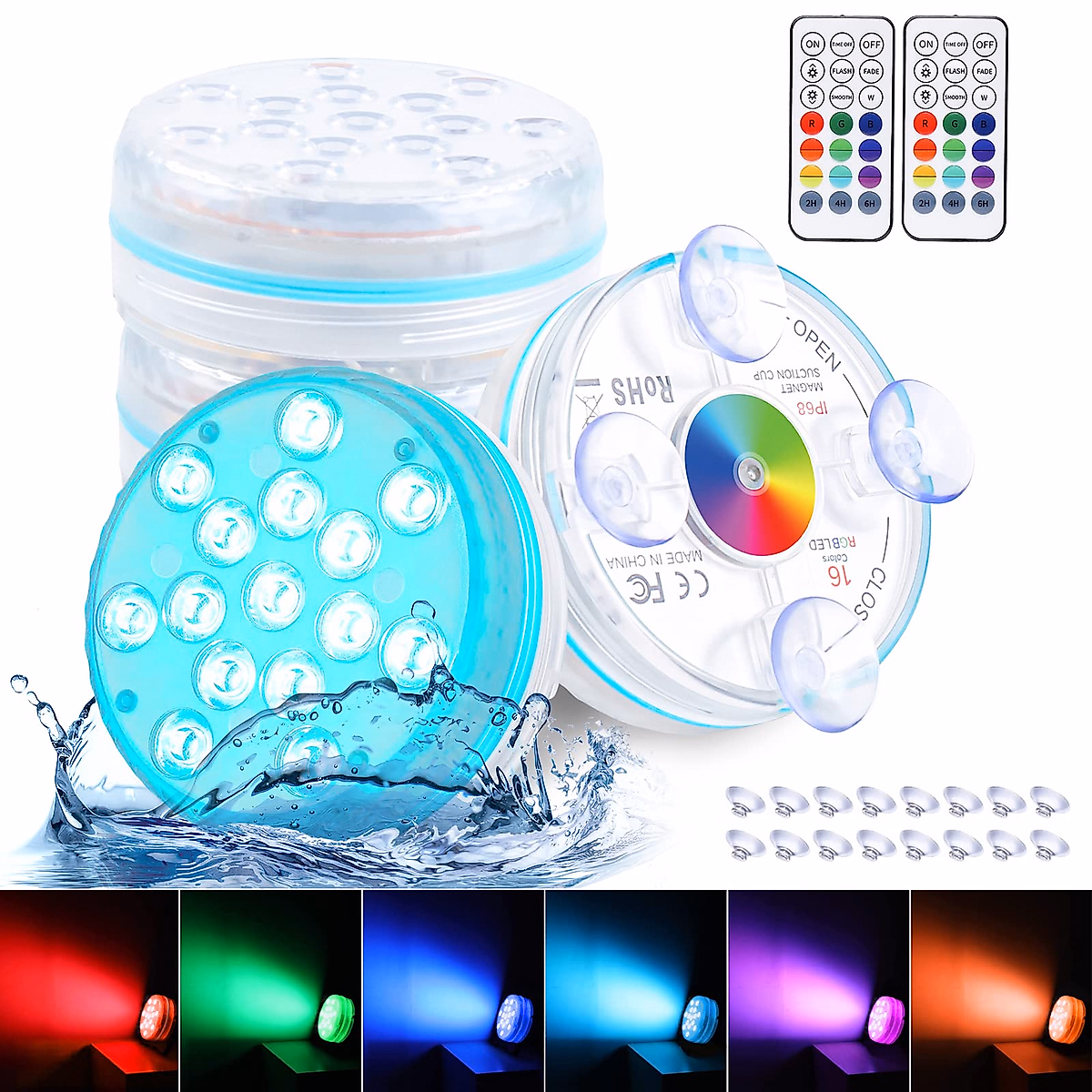 Pool Lights, Submersible LED Lights with Magnet and Suction Cups, with Remote IP68 Waterproof 16 Colors Hot Tub Underwater 15 LED Pool Lights for Above Ground Inground Pool, Bath, Party, Vase (4pack)