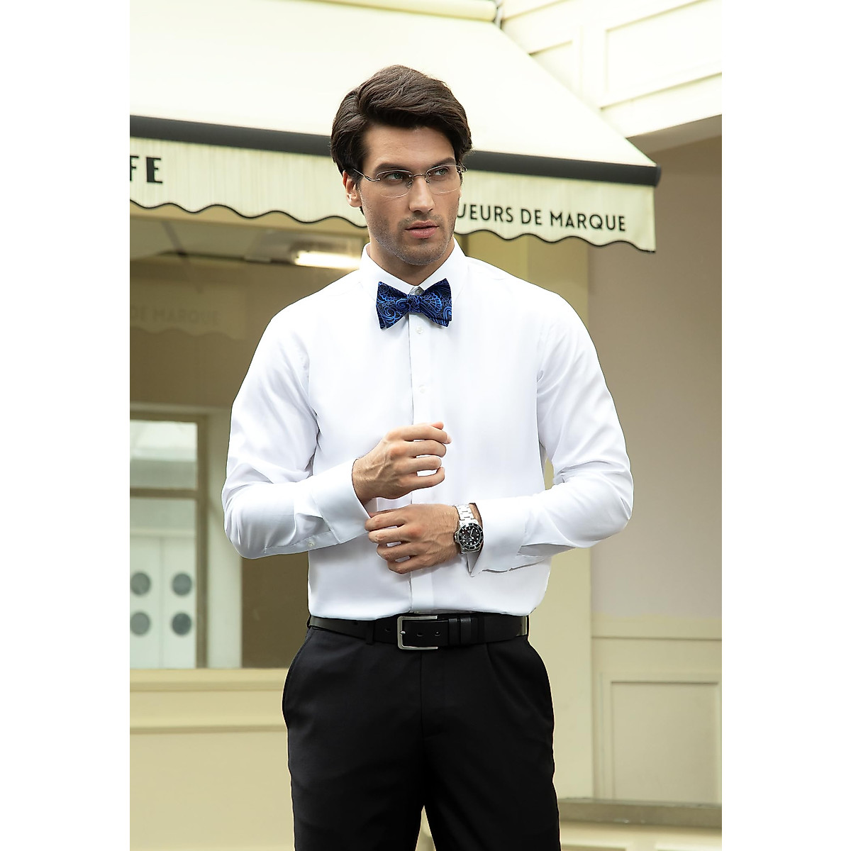 HISDERN Bow Ties for Men Black Blue Paisley Bowties Men Self Tie Bow Tie and Pocket Square Set Classic Woven Bowtie Handkerchief for Wedding Party