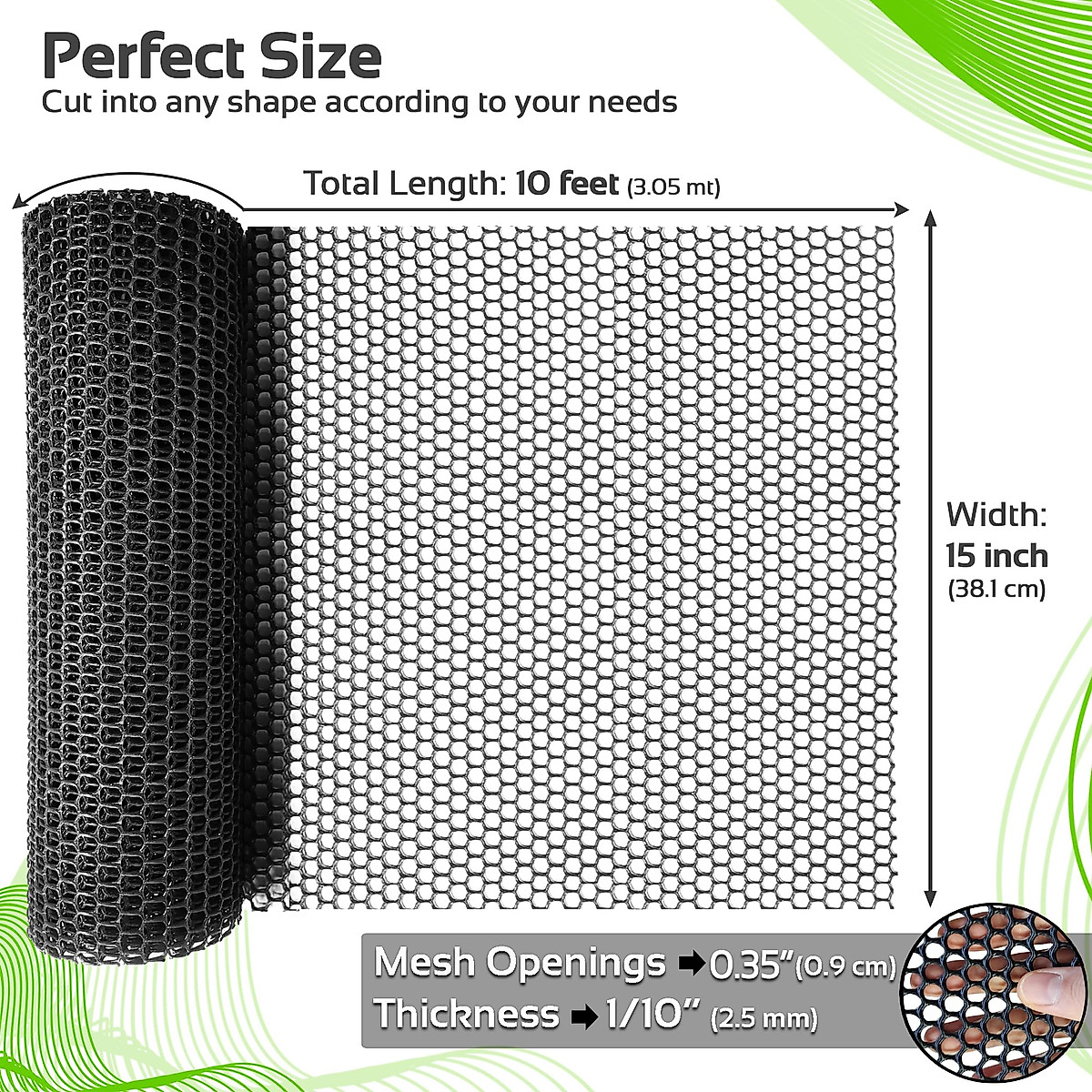 QueenBird Upgraded Plastic Chicken Wire Fence Mesh - 15.7IN x 10FT- Black/Green/White Colors - Hexagonal Fencing for Gardening - Poultry Netting, Floral Netting, Plastic Chicken Wire Mesh Roll (Black)