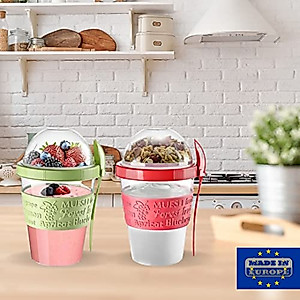 DGRS MARKET 20 oz Breakfast Cereal On the Go Cups with Spoon, Portable Take'n Go Oatmeal and Yogurt Parfait Containers Cup with Lids Reusable for Yogurt, Fruit Cup for Travel, 2PCs (Green & Red)