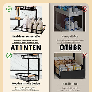 AT1nTen 2 Pack Under Sink Organizer, Sliding Cabinet Basket Organizer 2 Tier Under Bathroom Storage Rack with Hooks, Hanging Cup, Dividers, Multi-purpose Storage Shelf for Bathroom Kitchen, Black