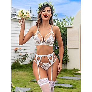 Aranmei Lingerie for Women 4 Piece Lingerie Set Lace Bow Front Garter Belt and Stockings Bra and Panty Sets Sexy Lace Bodydoll Lingerie (White XX-Large)
