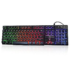 Rii RK100+ Multiple Color Rainbow LED Backlit Large Size USB Wired Mechanical Feeling Multimedia PC Gaming Keyboard,Office Keyboard for Working or Primer Gaming,Office Device