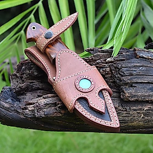 TIGEROUS Handmade Damascus Hunting Knife with Scout Horizontal Carry Leather Sheath Fixed Blade Full Tang for Camping, Hiking, Skinning,Survival (Deer Hunter) (Apo)
