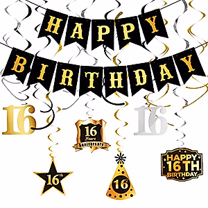 16th Birthday Decorations for Boys- Happy Birthday Banner Black and 16th Birthday Hanging Swirls, 16 Birthday Decorations Boy, 16 Birthday Decorations