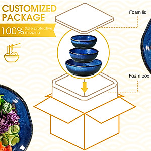 3 Pieces Ceramic Salad Bowls Ramen Bowls Blue Mixing Bowls Porcelain Serving Bowls Ceramic Microwave and Dishwasher Safe for Soup Pasta Noodles Salad Nesting Bowls, 13 Oz 27 Oz 47 Oz