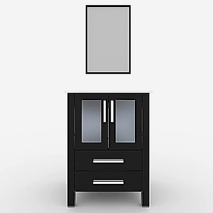 LUCKWIND 24" Modern Bathroom Vanity with Sink Combo, Black MDF Bathroom Storage Cabinet with Overflow 3-Hole Drop in Ceramic Vessel Sink Top & Mirror, Excluding Faucet