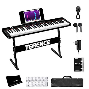 TERENCE Keyboard Piano with 61 Semi-weighted Keys & 1800mAh Battery Support MIDI USB Interface & Piano Application with Bluetooth Sheet Music Stand Sticker Bag Audio Cable Earphones