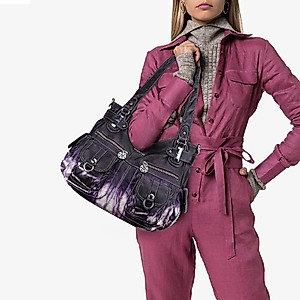 Angelkiss Women's Designer Handbag Large Double Zipper Multi Pocket Washed, Purple-z