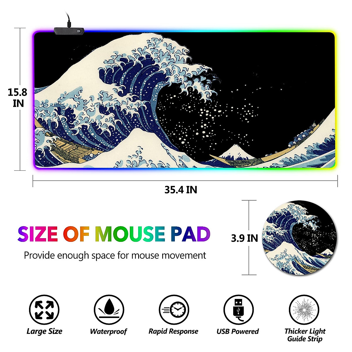 RGB Gaming Mouse Pad Large, AIMSA Keyboard Led Mousepad Extended 35.4 x 15.8 inch Non-Slip Rubber Base with 14 Lighting Modes, Big Desk Mat Waterproof, Big Waves