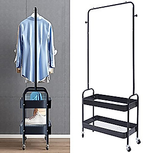 LOHISHILO 2-in 1 Clothing Rack Portable Clothes Hanger Stand with 2 Tier Metal Basket Rolling 4 Wheels, for Hallway, Living Room, Bedroom, Dressing Room, Laundry Room(2-in 1 Black)