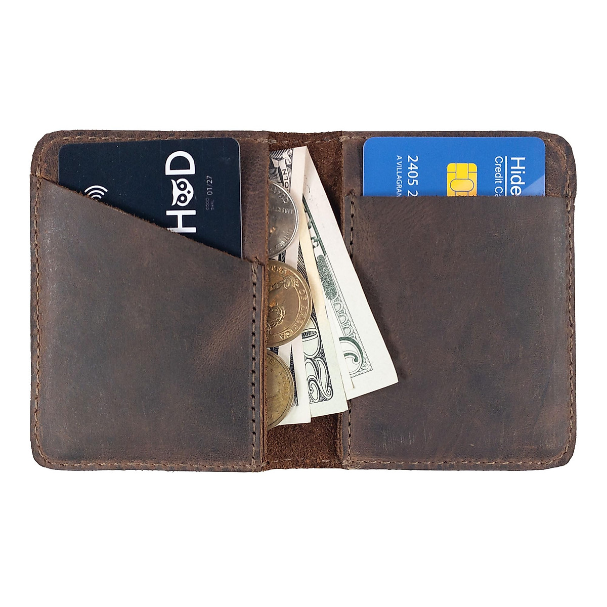 Hide & Drink, Bifold Wallet, Slim Card Holder, Minimalist Traveler Wallet, Vintage Front Pocket Wallet, Full Grain Leather, Handmade, Bourbon Brown