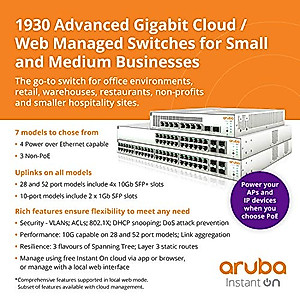 Aruba a Hewlett Packard Enterprise company HPE Networking 1930 8-Port Gb Smart-Managed Layer 2+ Ethernet Switch with PoE | 8X 1G | 2X SFP | 8X CL4 PoE 124W | US Cord (JL681A#ABA)