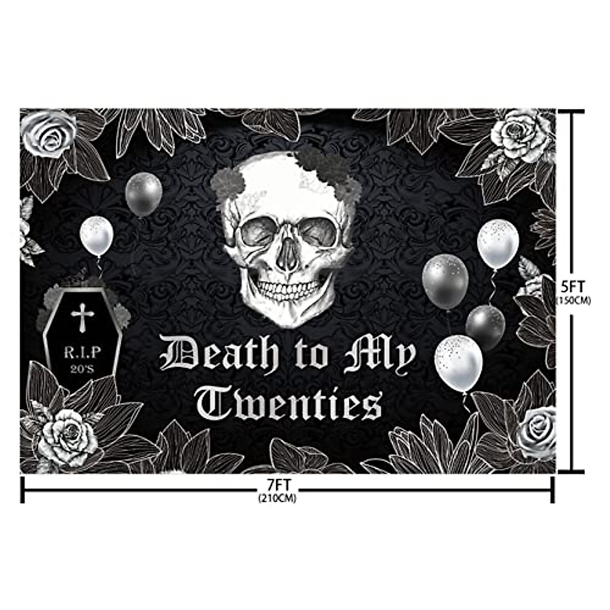 ABLIN 7x5ft Death to My Twenties Backdrop for Thirties Birthday Party Decorations RIP to My 20s Youth Gothic Skull Black Rose Balloons Photography Background Photo Props