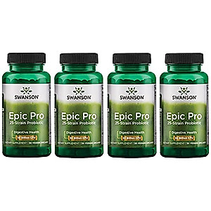 Swanson Epic-Pro 25-Strain Probiotic 30 Billion CFU Digestive Health Immune System Support Prebiotic Nutraflora FOS 30 DRcaps Veggie Capsules (Caps) (4 Pack)