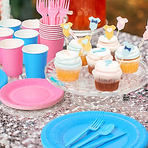 Dandat 280 Pieces Pink Blue Paper Plates and Napkins 9oz Paper Cups Plastic Knives Forks Spoons Disposable Tableware Pack for Gender Reveal Baby Shower Birthday Party Supplies, Serves 40
