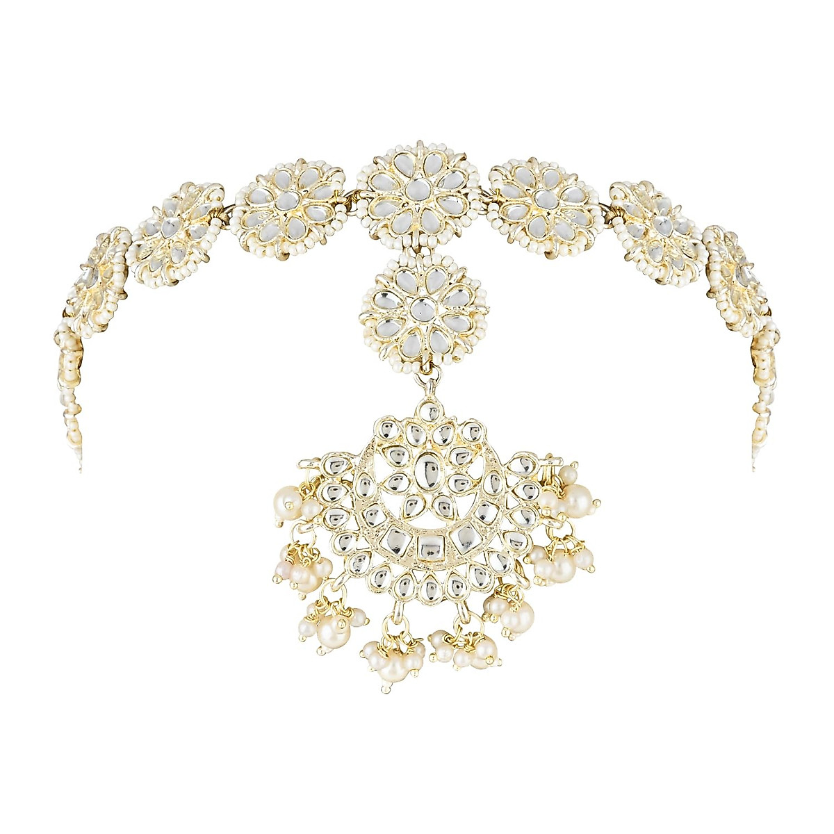 I Jewels 18k Gold Plated Indian Wedding Bollywood Floral Kundan Pearl Studded Rajasthani Sheeshphool/Mathapatti for Women (T2066W)