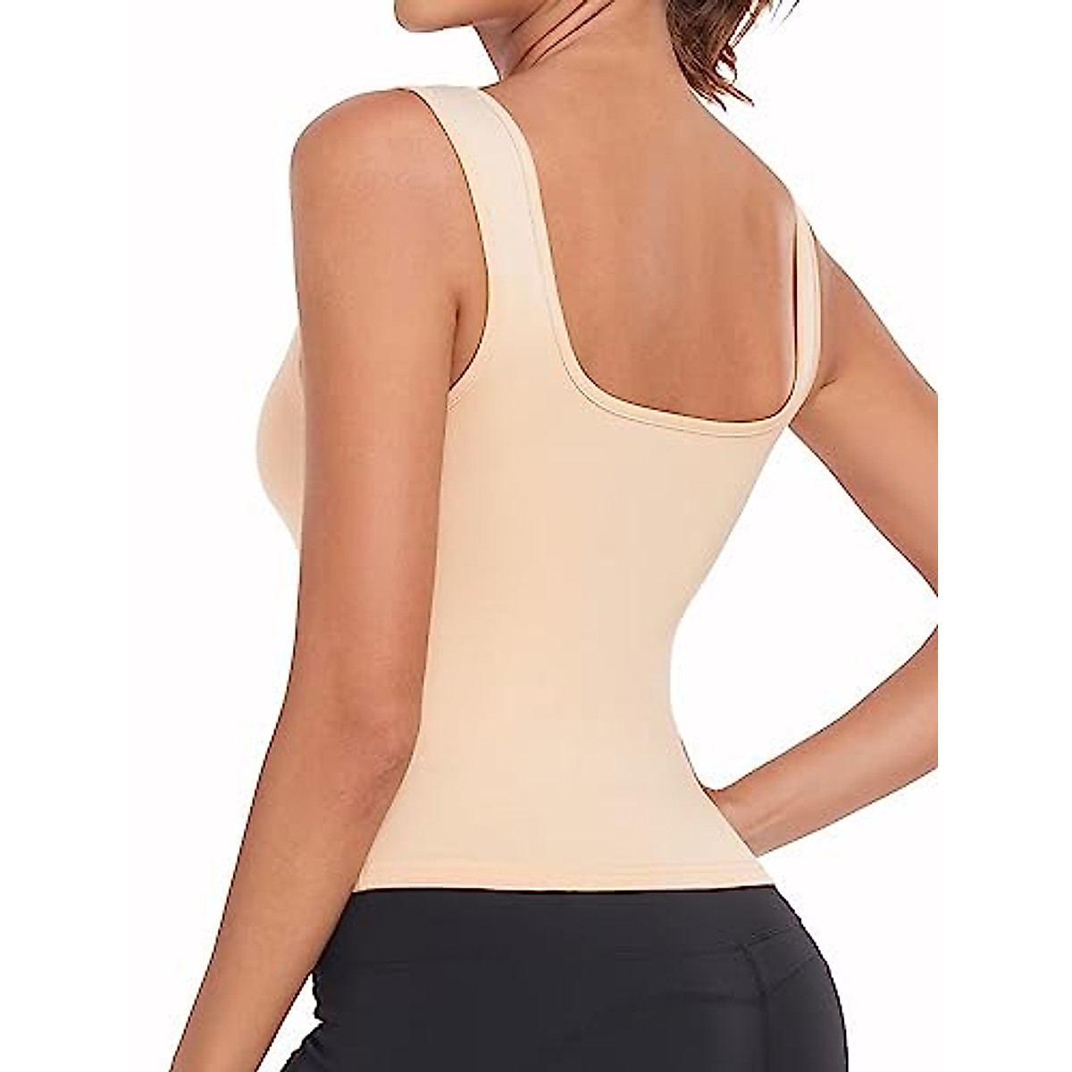 Porvike Crop Tops for Women Workout Tank Top Cropped Sleeveless Shirts Square Neck Tanks Basic Gym Exercise Clothes 3 Pack Coral/Beige/Emerald Green S