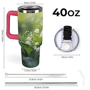 Lily of The Valley Flowers Green Leaves 40 Oz Car Cup Stainless Steel Travel Mug Leak-Proof Insulated Tumbler with Handle Light Rose Red-style