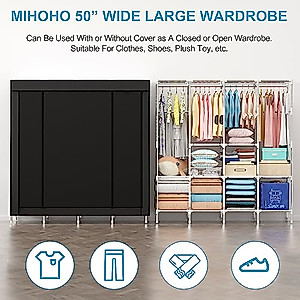 Mihoho Portable Wardrobe, 67 Inch Closet for Hanging Clothes, Metal Clothing Rack Organizer, Free Standing Wardrobe with Black Oxford Fabric Cover, 67" WX65 HX17.7 D (Classic Black, King-Size)