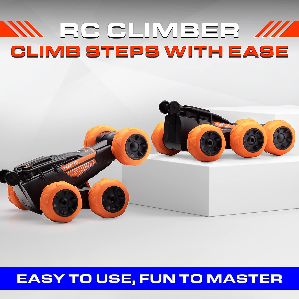 Force1 Atomic X Remote Control Car for Kids - 6 Wheeled RC Stunt Car Toy LED Double Sided 360 Flips Rotating RC Crawler Wheels, 2.4 GHZ Remote Control Indoor Outdoor Toy for Boys/Girls (Orange/Black)