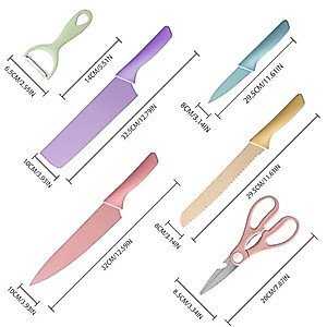 Colorful Kitchen Knife Set 6 PCS, Colored Knives Set with Non-Stick Coating, Chef Boxed Knives Set for Cooking, Camping, Travel, Picnic, BBQ and RV