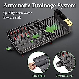 Dish Drying Rack, Expandable Dish Racks for Kitchen Counter, Multifunctional Extra Large Dish Strainers with Cutlery & Pan Holders, Extendable Anti-Rust Dish Drainers with Drainboard for Kitchenware