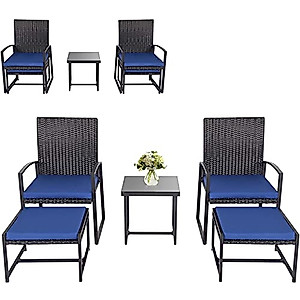 kinbor 5 Pieces Wicker Patio Furniture Set - PE Rattan Outdoor Patio Chairs with Ottomans Conversation Sets with Glass Coffee Table and Cushions for Poolside, Garden, Balcony, Porch (Dark Blue)