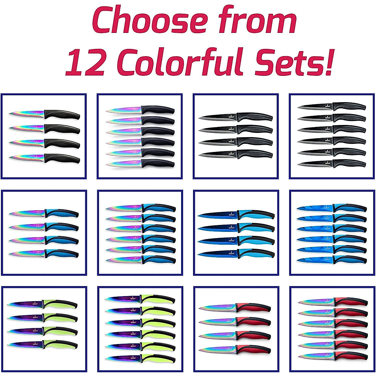 SiliSlick Stainless Steel Steak Knife Set - Titanium Coated Colorful Kitchen Knives with Straight Edge, Smooth & Sharp - Rainbow Iridescent Kitchen Gifts & Accessories