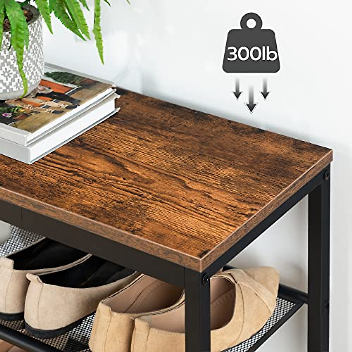 HOOBRO Shoe Bench, 3-Tier Shoe Rack, Industrial Shoe Organizer Storage Bench, 29.5 inches Entry Bench with Mesh Shelves, for Entryway, Living Room, Hallway, Easy Assembly, Rustic Brown BF75HX01