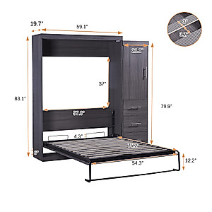 Harper & Bright Designs Murphy Bed Full with Wardrobe and Storage Drawers, Easy Fold Murphy Bed Cabinet, Modern Full Size Murphy Bed Wall Bed for Multipurpose Guest Room Home Office,Grey