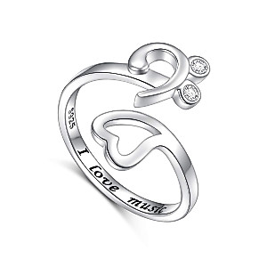 I Love Music Ring 925 Sterling Silver Cubic Zirconia Musical Note Heart Charm Adjustable Open Ring Gift for Women Music Lover, 9