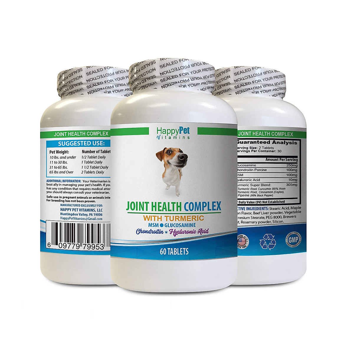 HAPPY PET VITAMINS LLC Dog Joint Health Supplements - Joint Health Complex with Turmeric for Dogs - with MSM and Turmeric - Hip Support - msm for Dogs - 1 Bottle (60 Tablets)