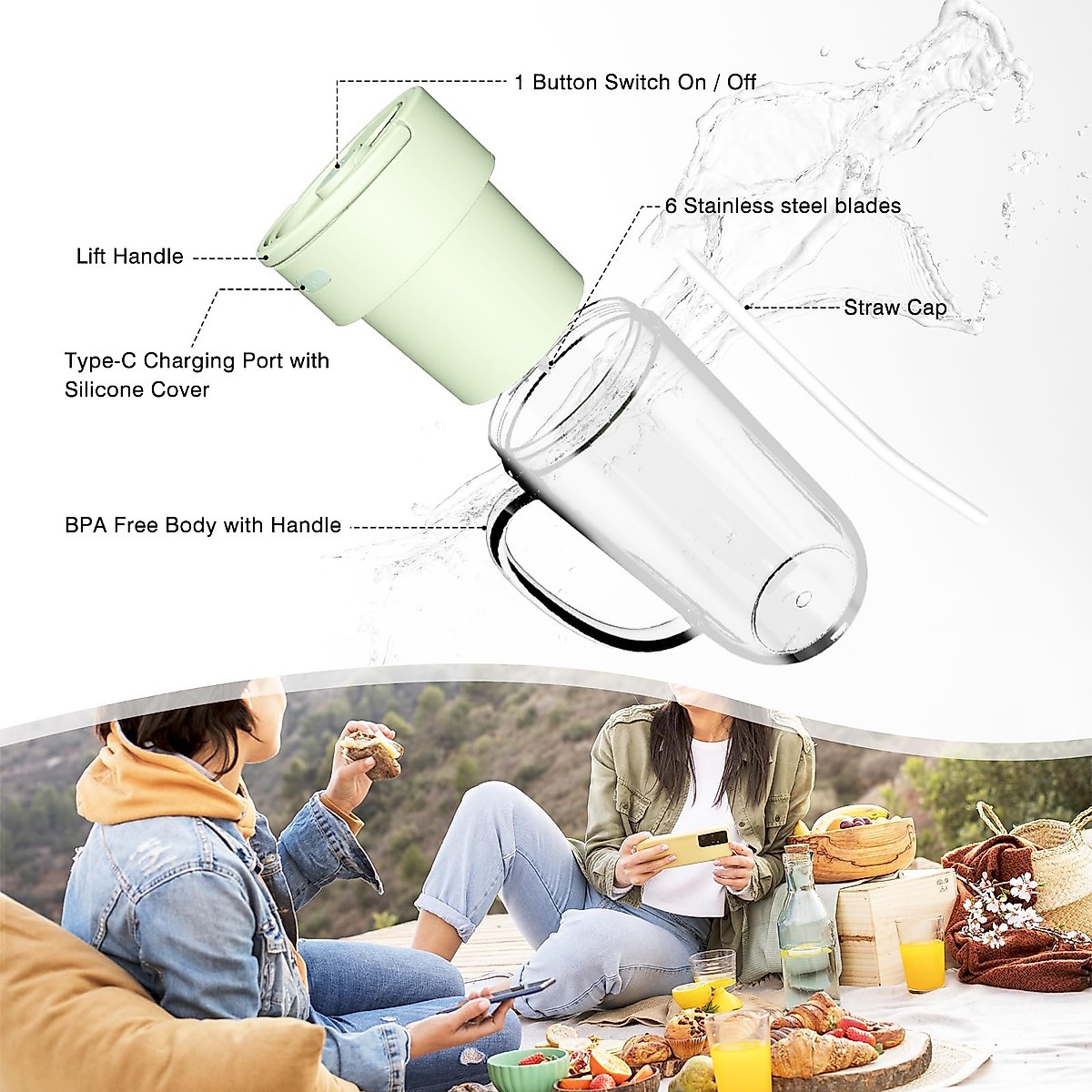 Portable Blender For Shakes and Smoothies, USB Rechargeable, 6 Blades Personal Juicer with Handle,12 oz Easy-to-Clean mini Blender with Charger, Great for Kitchen, Home, Party, Travel, Outdoor, Green